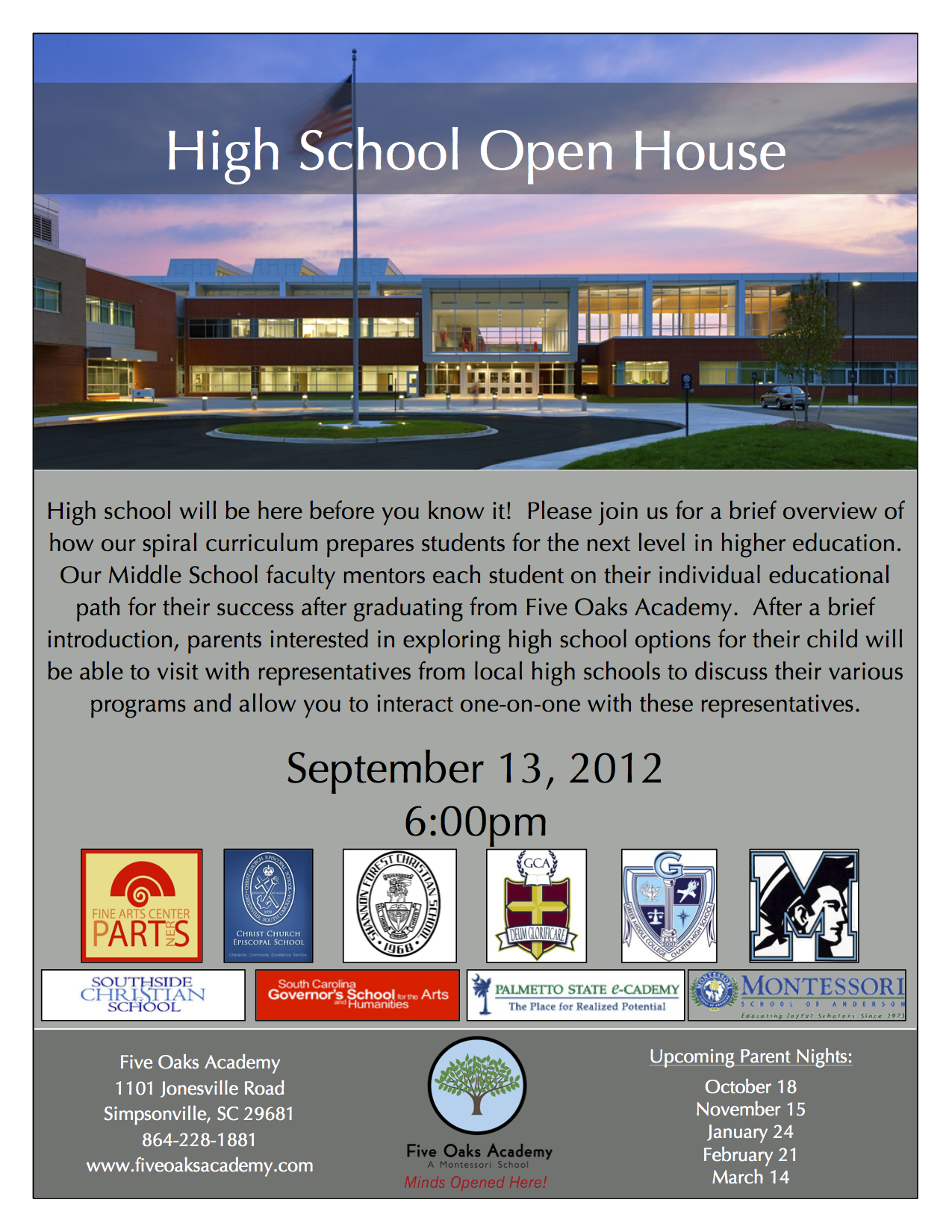 High School Open House Invitation :: Five Oaks Academy Montessori School